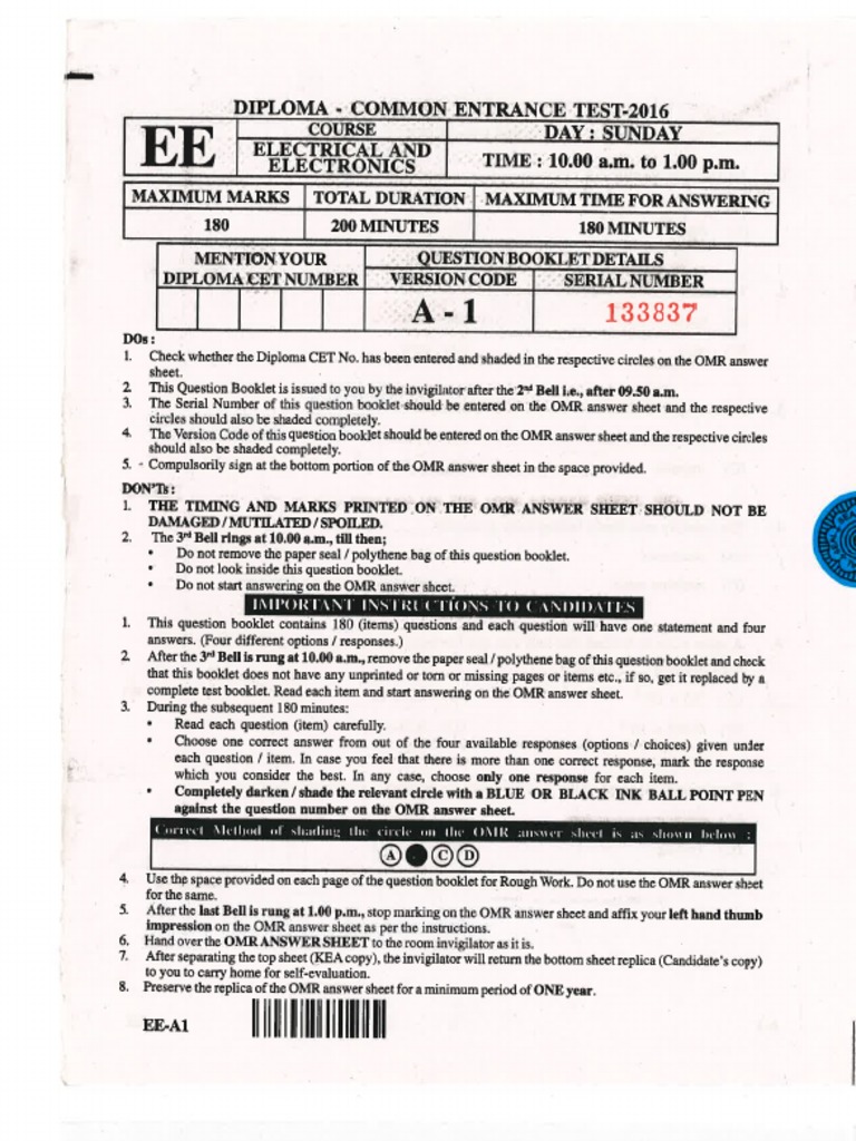 Karnataka Diploma CET 2016 Question Paper Electrical and Electronics ...