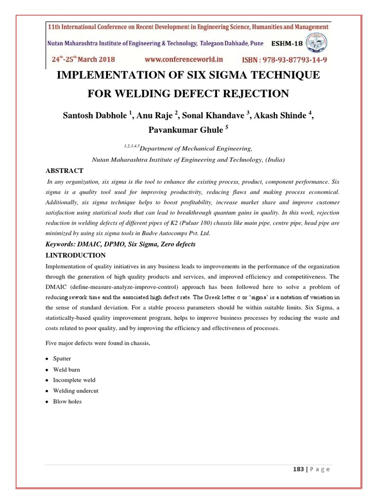 Implementation of Six Sigma Technique For Welding Defect Rejection ...