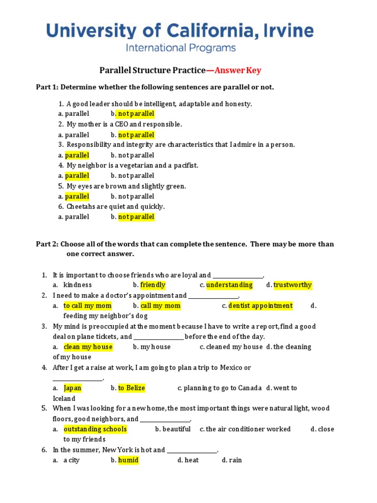 Parallel Structure Practice: - Answer Key | PDF | Candy | Food And Drink