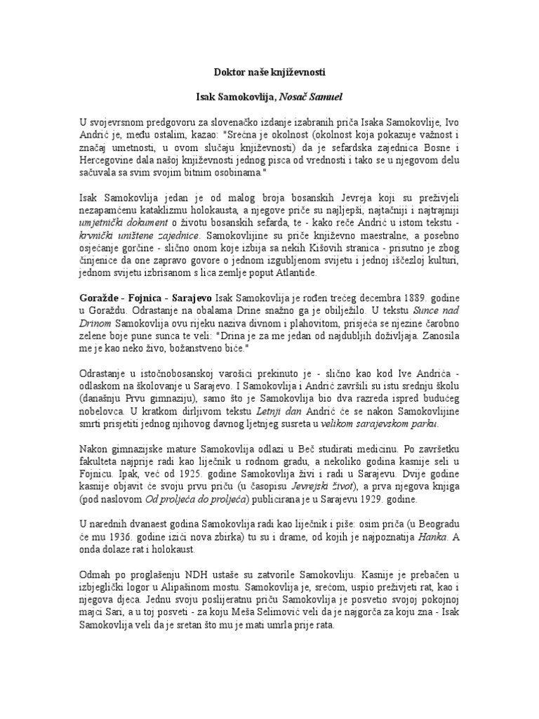 Muharem Bazdulj - Isak Samokovlija, Nosac Samuel | PDF