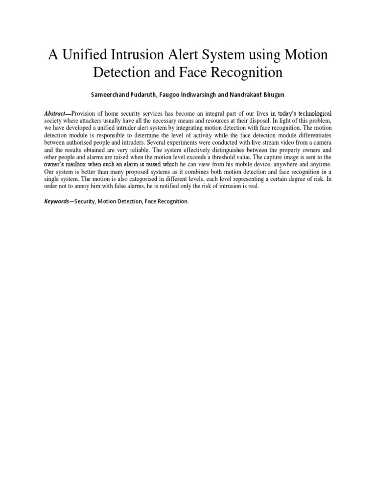 A Unified Intrusion Alert System Using Motion Detection and Face Recognition | PDF