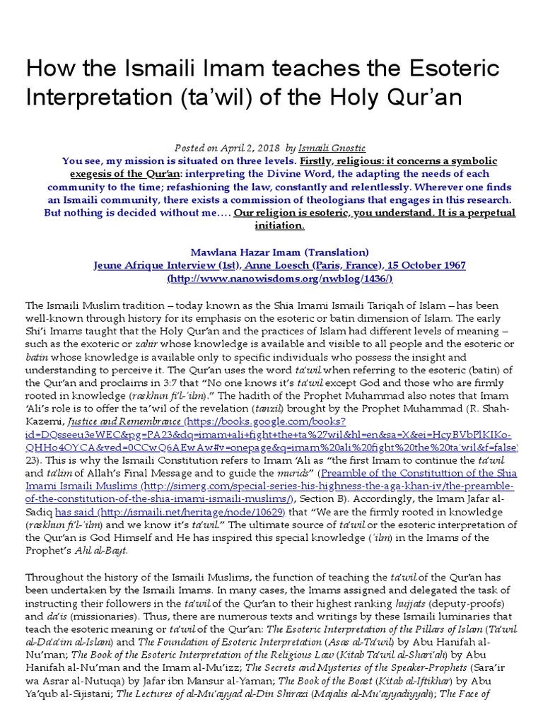 Ismaili Imam's Esoteric Qur'an Teachings | PDF | Isma'ilism | Shia Islam