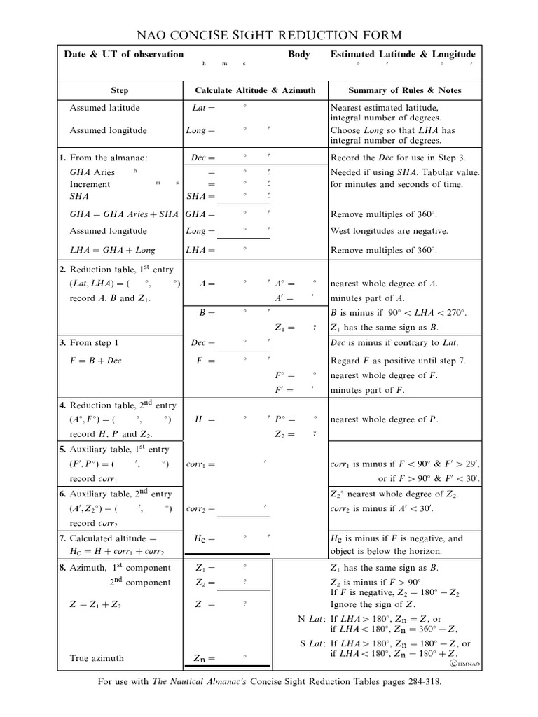 Nao Concise Sight Reduction Form: Date & UT of Observation Body ...