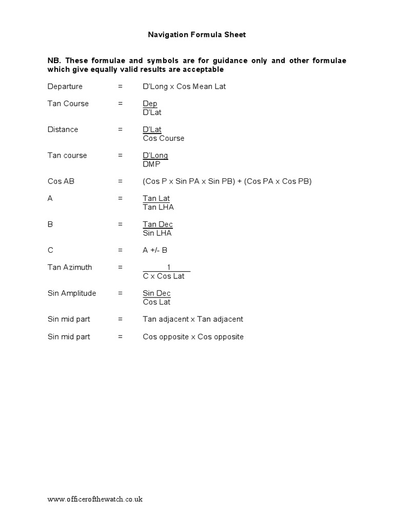 Navigation Formula Sheet Overview | PDF