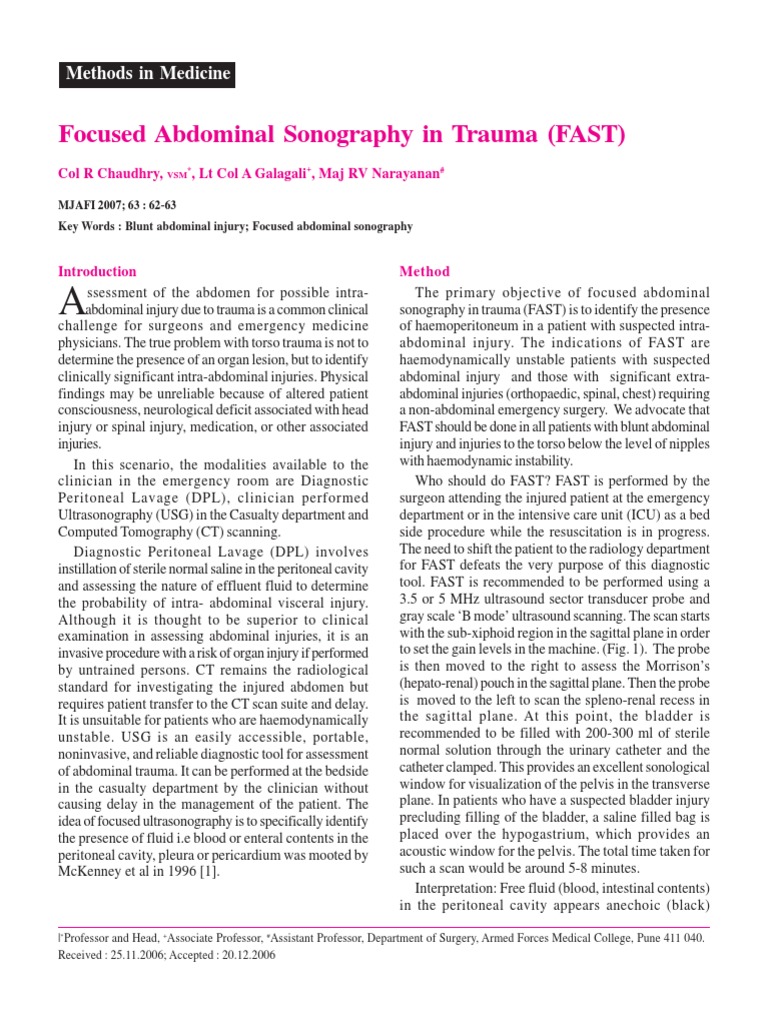 Focused Abdominal Sonography in Trauma (FAST) | PDF | Medical ...