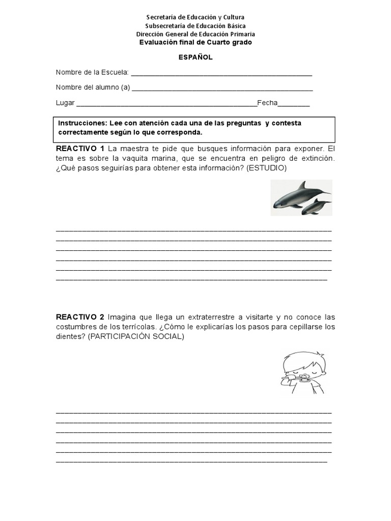Evaluación final de cuarto grado de primaria en diversas materias | PDF ...