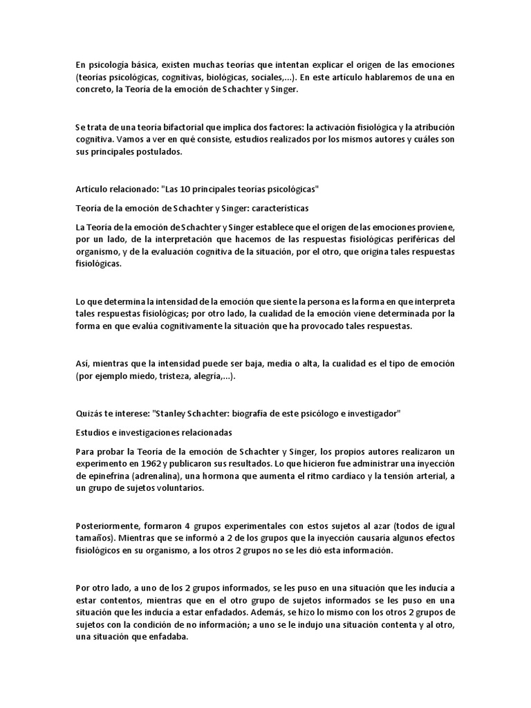La Teoría de La Emoción de Schachter y Singer | PDF | Las emociones ...