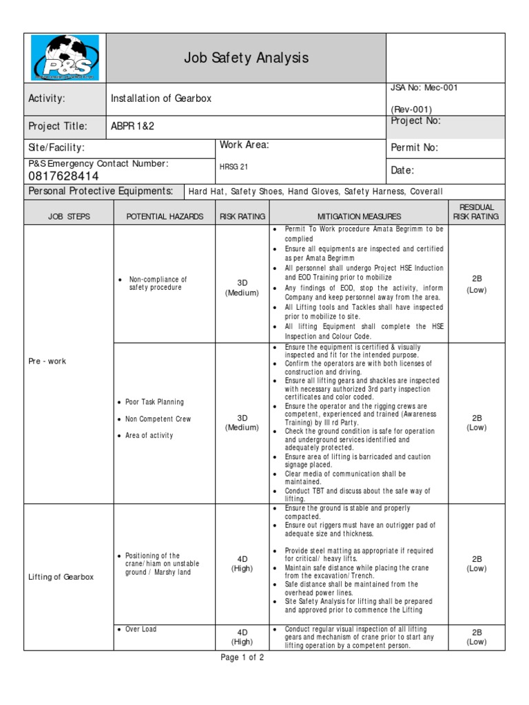 JSA Installation of Gearbox | PDF | Crane (Machine) | Safety