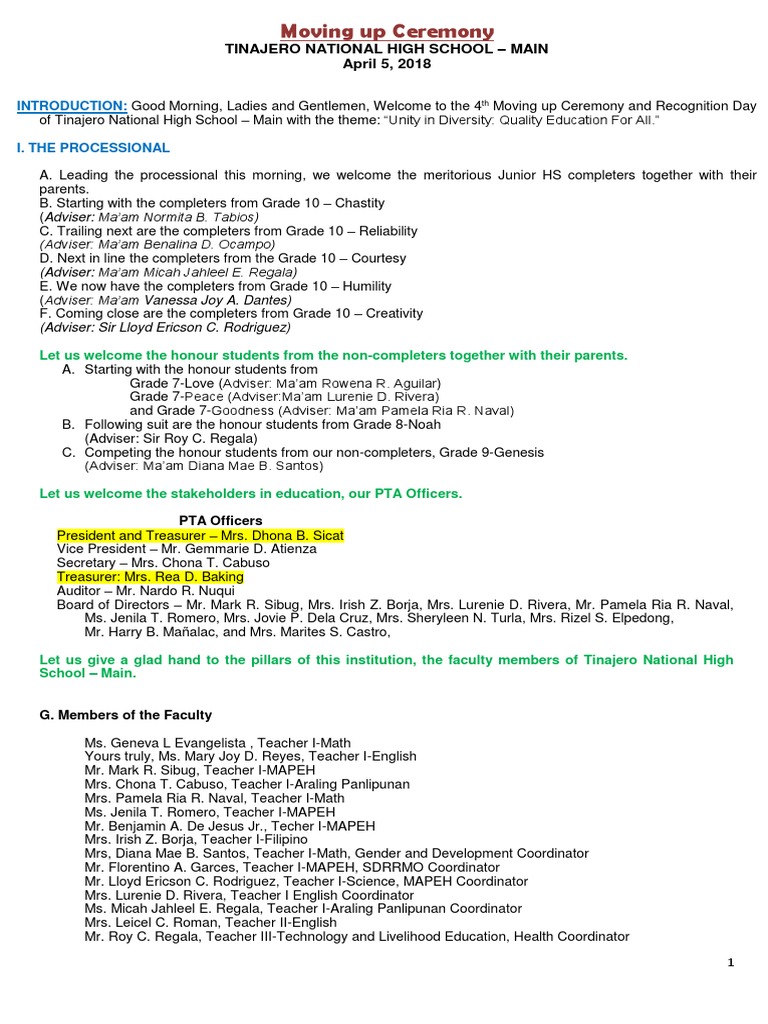 Tinajero HS 2018 Moving Up Ceremony | PDF