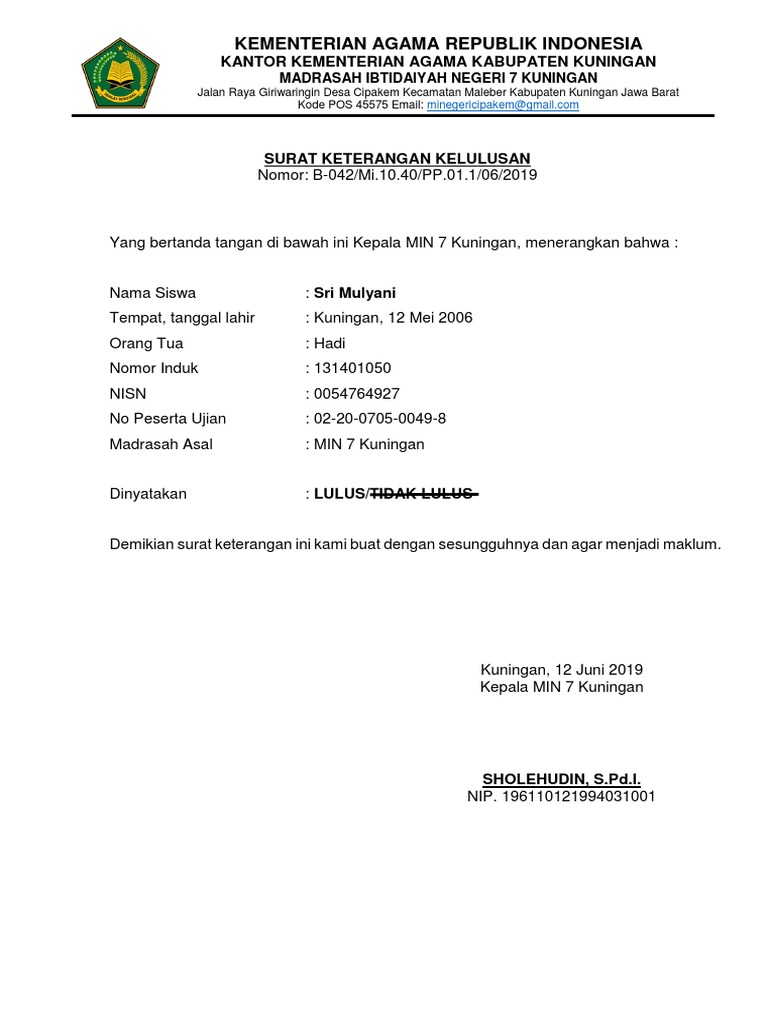 Surat Keterangan Kelulusan MI 2025 | PDF