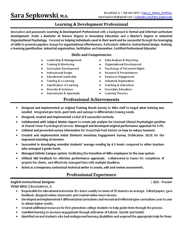 Sara Sepkowski Resume | PDF | Instructional Design | Curriculum