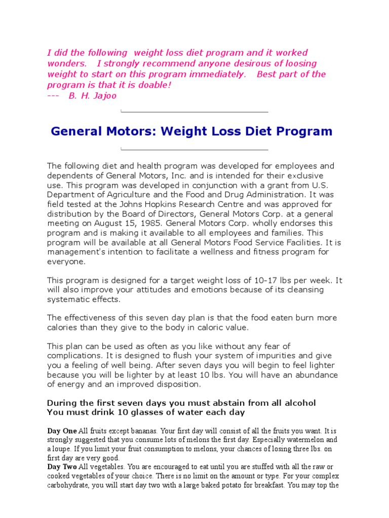 General Motors Weight Loss Program | PDF | Drink | Dieting