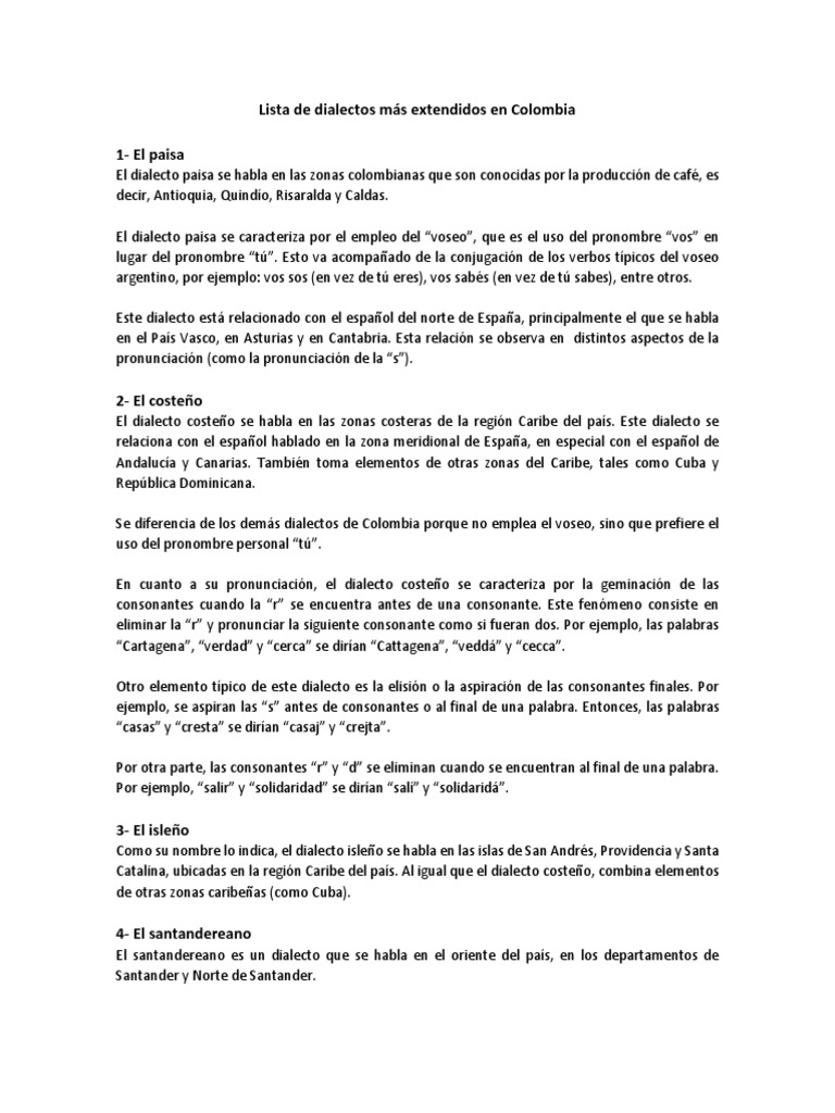 Lista de Dialectos Más Extendidos en Colombia | PDF | Lengua española ...