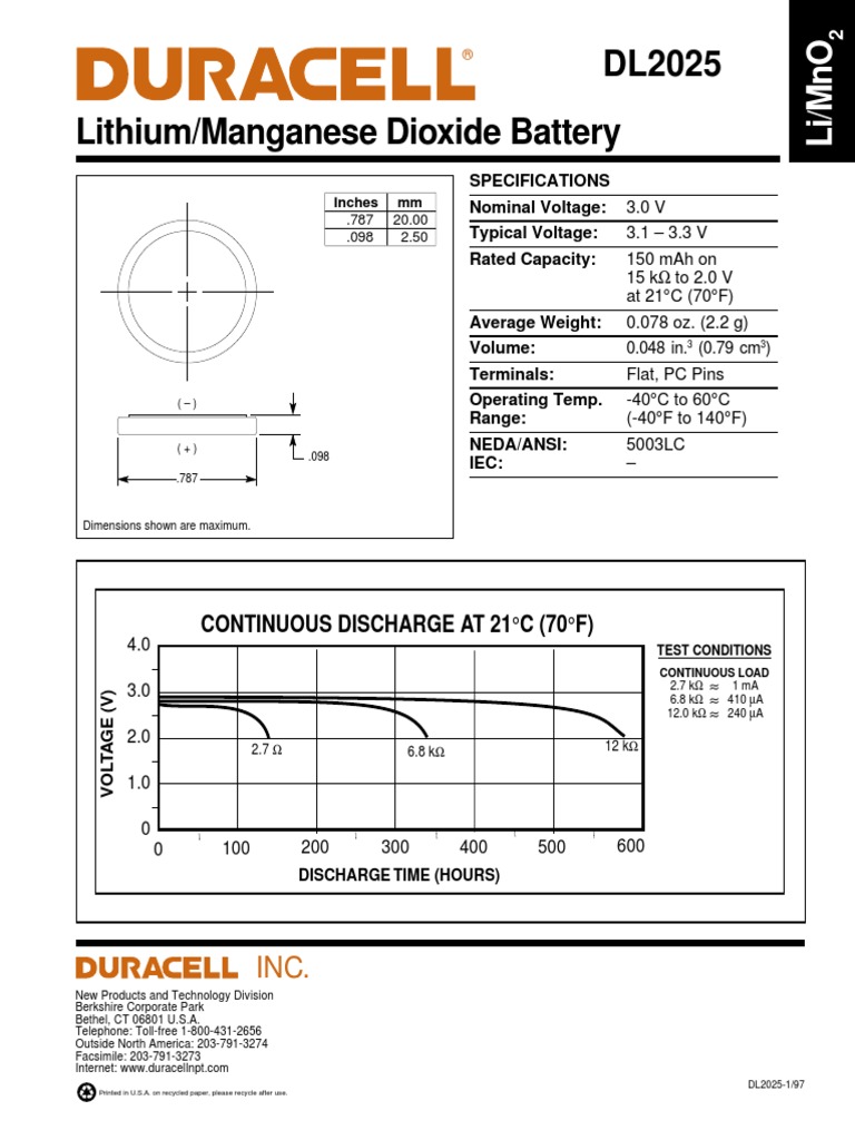 Duracell DL2025 | PDF | Electronics | Electrical Engineering