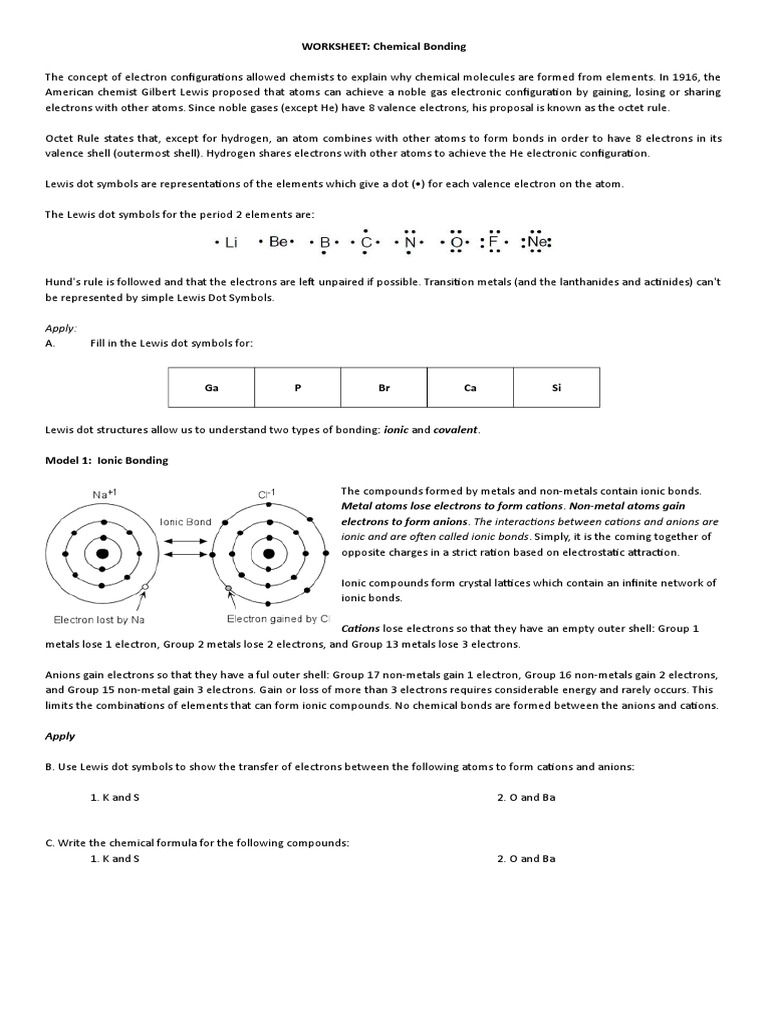 WORKSHEET Chemical Bonding | PDF | Ion | Ionic Bonding