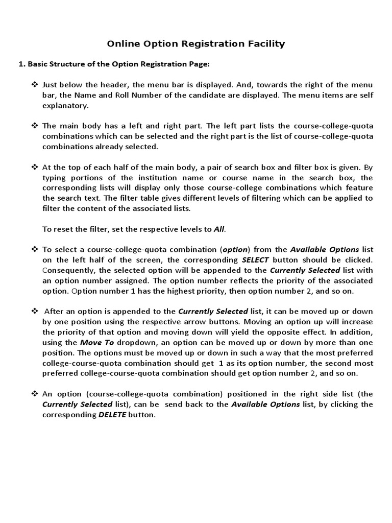 Online Option Registration Facility 1. Basic Structure of The Option ...