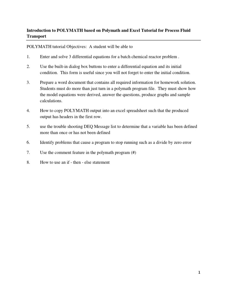 Introduction To Polymath For Workshop Pdf Pdf Ordinary Differential