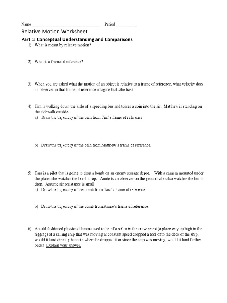 Relative Motion Concepts Worksheet | PDF | Trajectory | Motion (Physics)