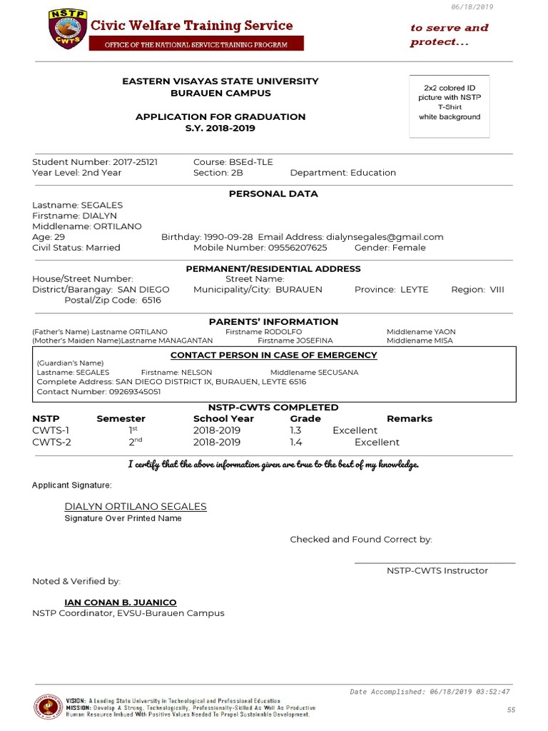 Dialyn Ortilano NSTP Cwts Graduation Application Sy. 2018-2019 ...