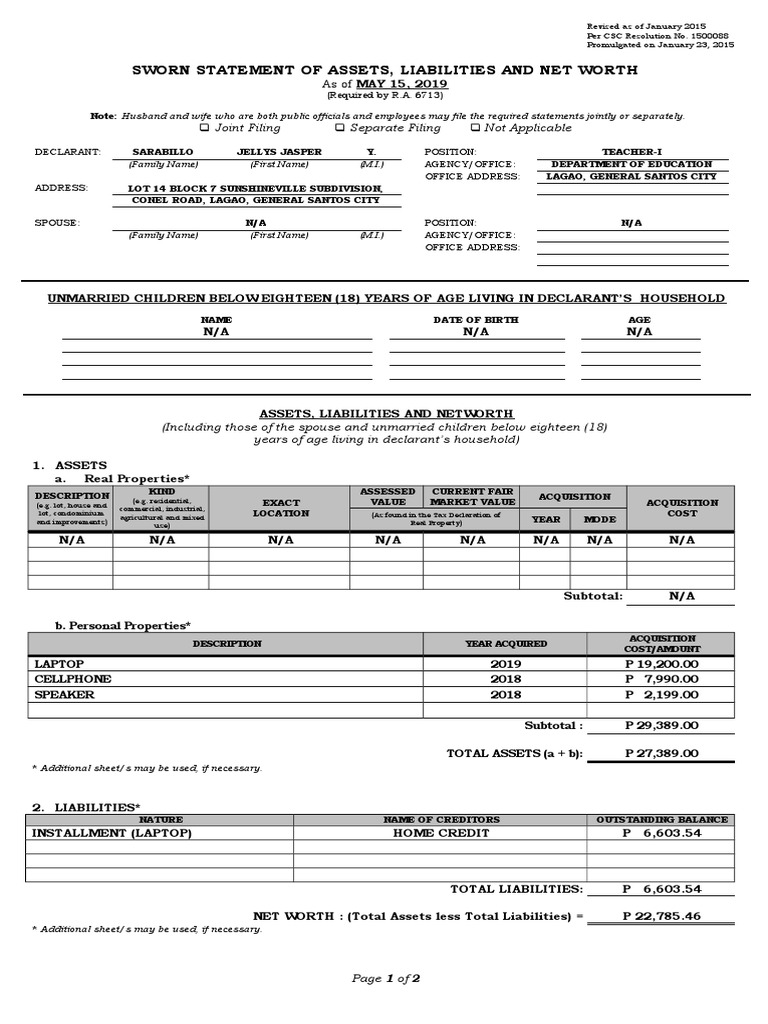 2015 SALN Form | PDF | Identity Document | Government