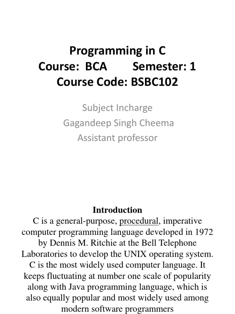 Programming in C Course: BCA Semester: 1 Course Code: BSBC102 | PDF ...