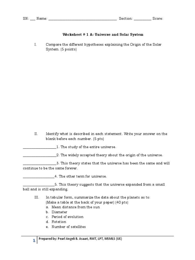 Worksheet # 1 A: Universe and Solar System | PDF