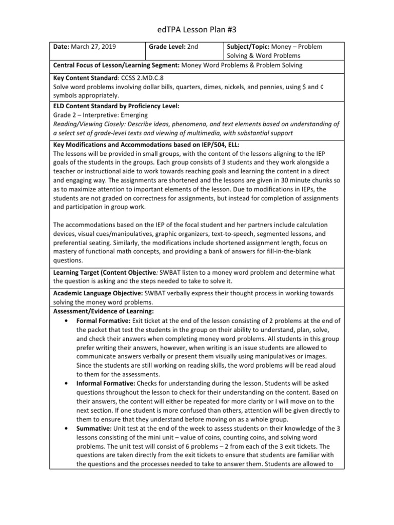 Edtpa Lesson Plan 3 | PDF | Educational Assessment | Individualized ...