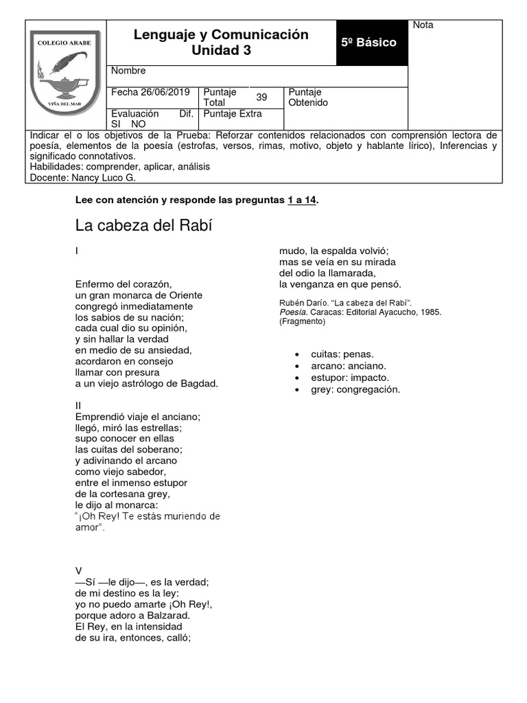 Prueba de Lenguaje U-3 Poesia | PDF | Rima | Poesía