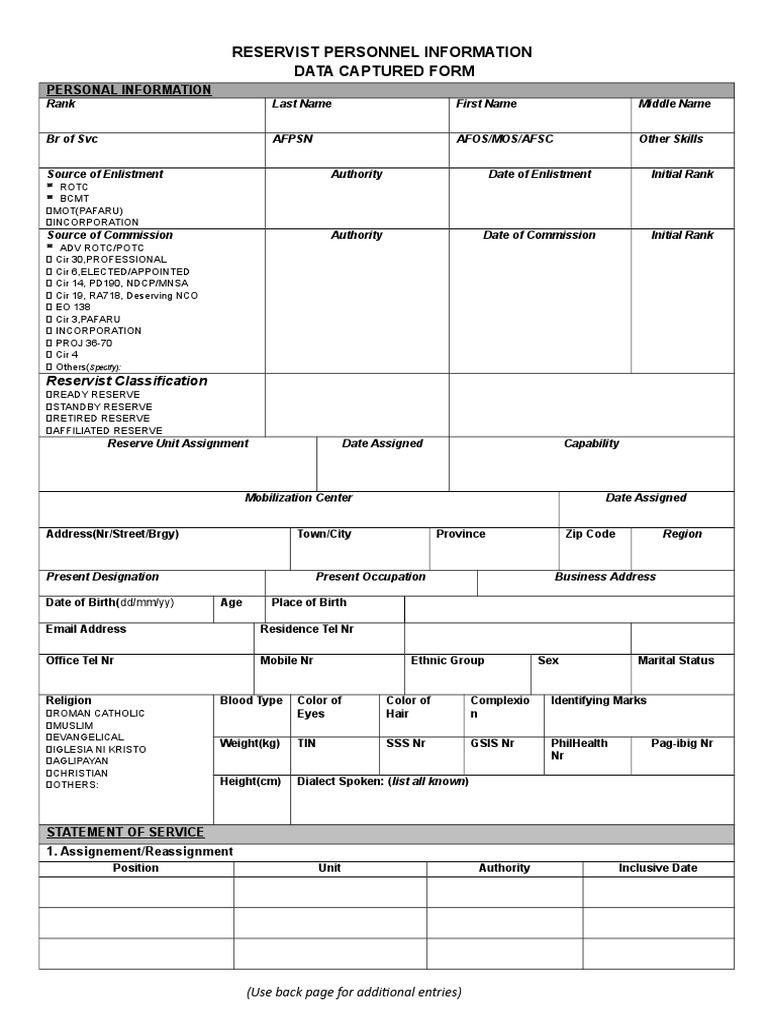 Reservist Personnel Information Data Captured Form | PDF | Military ...