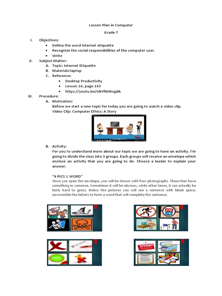 Lesson Plan in Computer | PDF | Internet | Etiquette