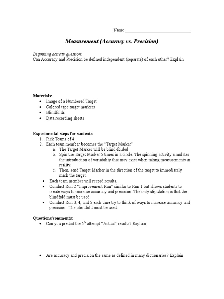 Accuracy Vs Precision Activity | PDF
