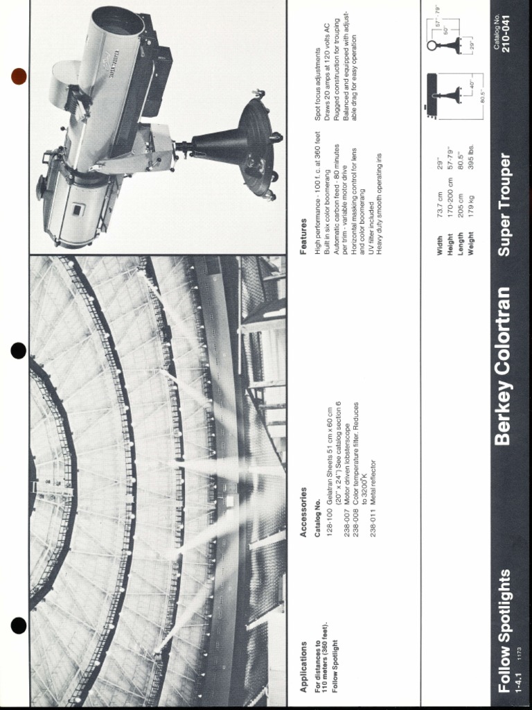 Berkey Colortran Super Trouper Follow Spot Spec Sheet 1973