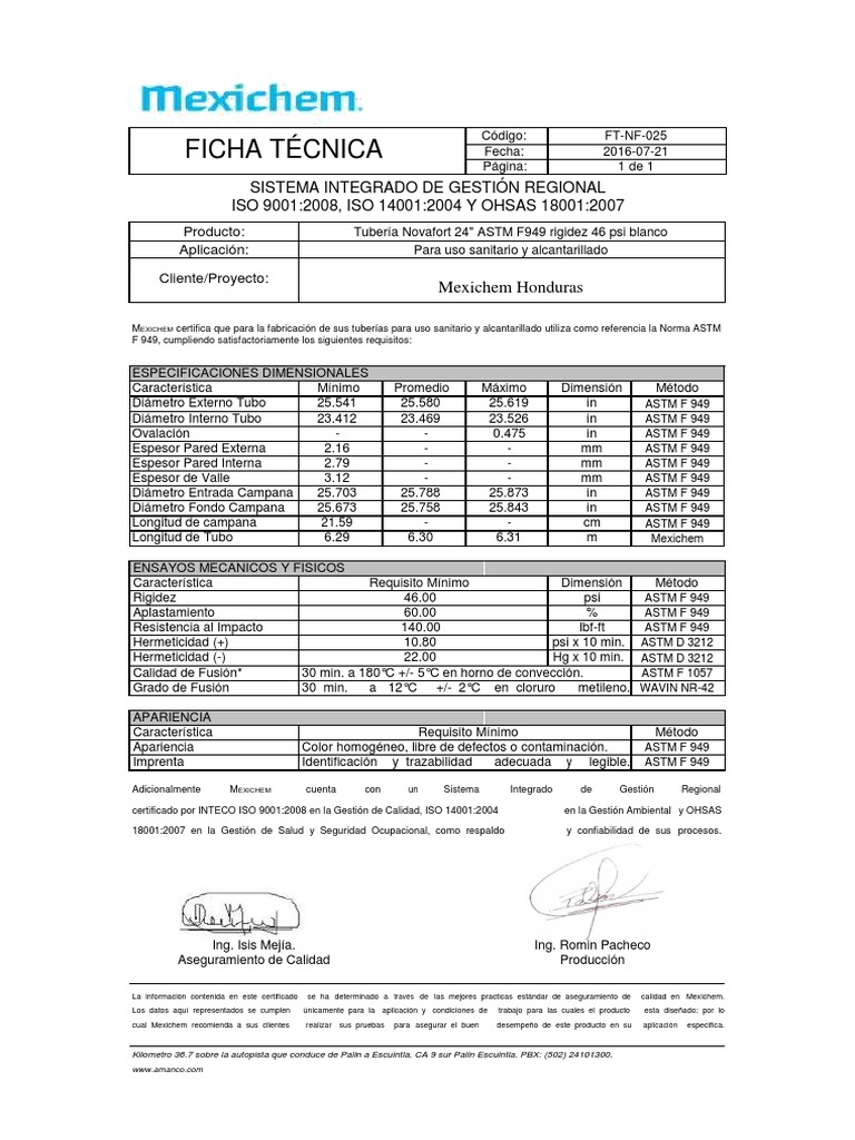 Ficha Técnica Tubería Novafort 24" ASTM F949 | PDF | Science