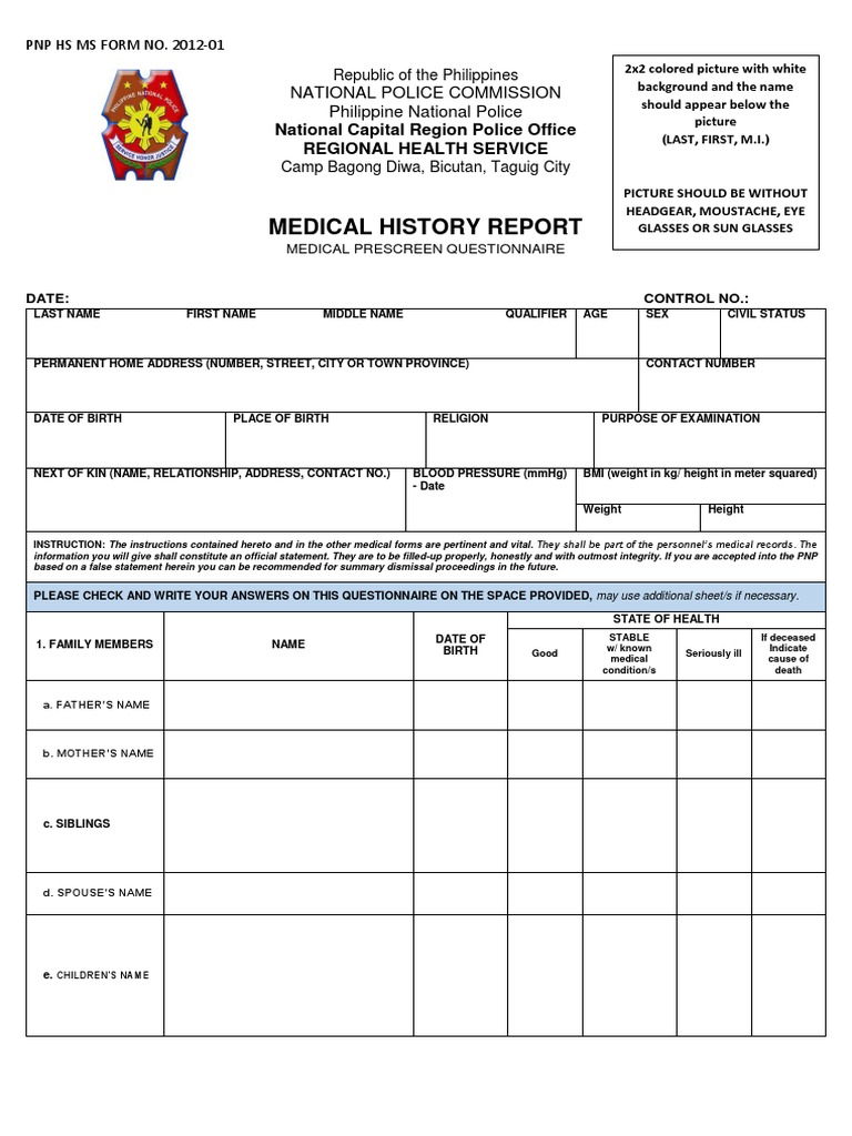 Medical History Report: National Capital Region Police Office Regional ...