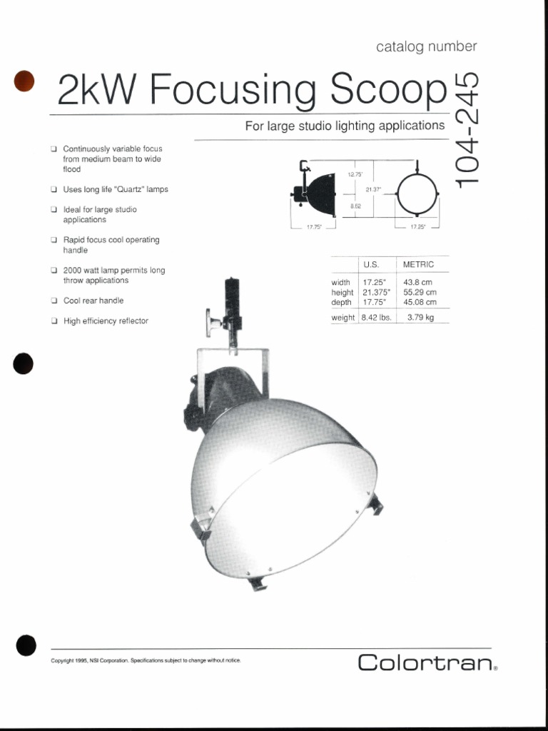 Colortran 2kW Focusing Scoop Spec Sheet 1995 | PDF | Lighting ...