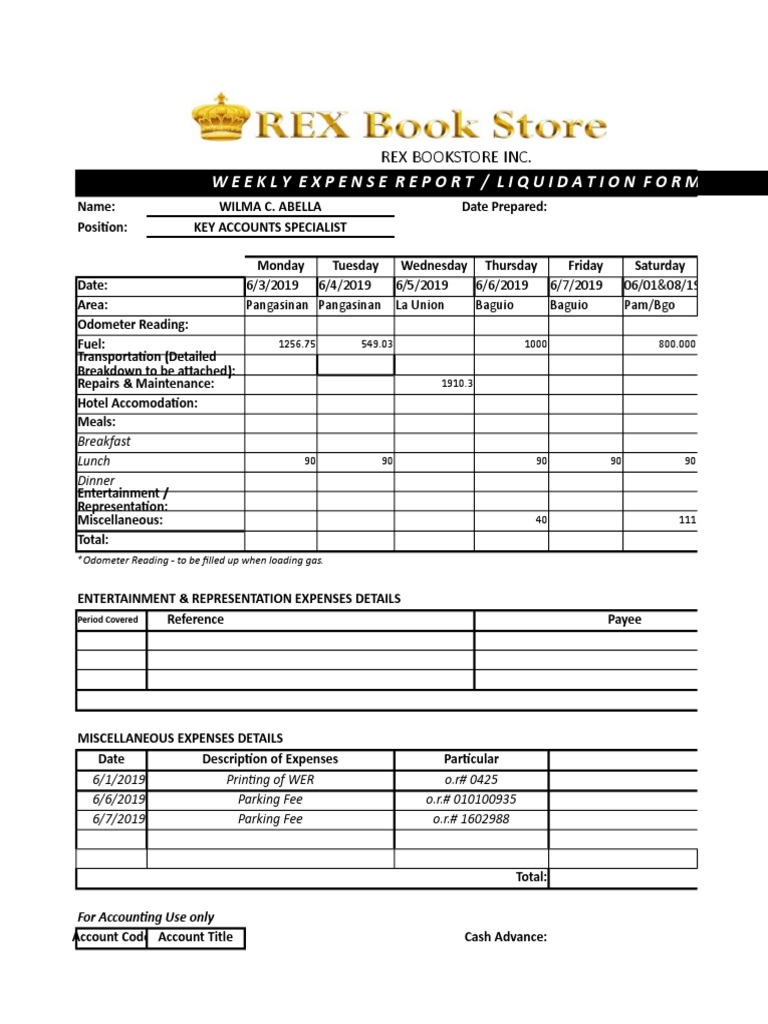 Weekly Expense Report / Liquidation Form: Rex Bookstore Inc | PDF ...