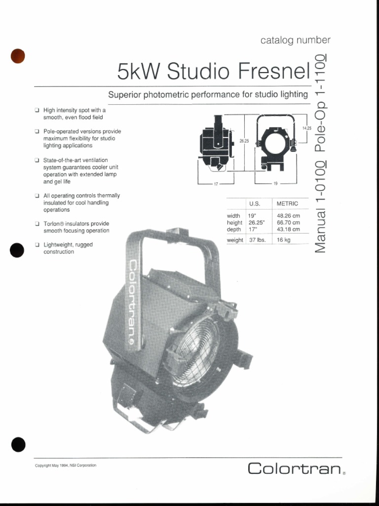 Colortran 5kW Studio Fresnel Spec Sheet 1994 | PDF | Lighting ...