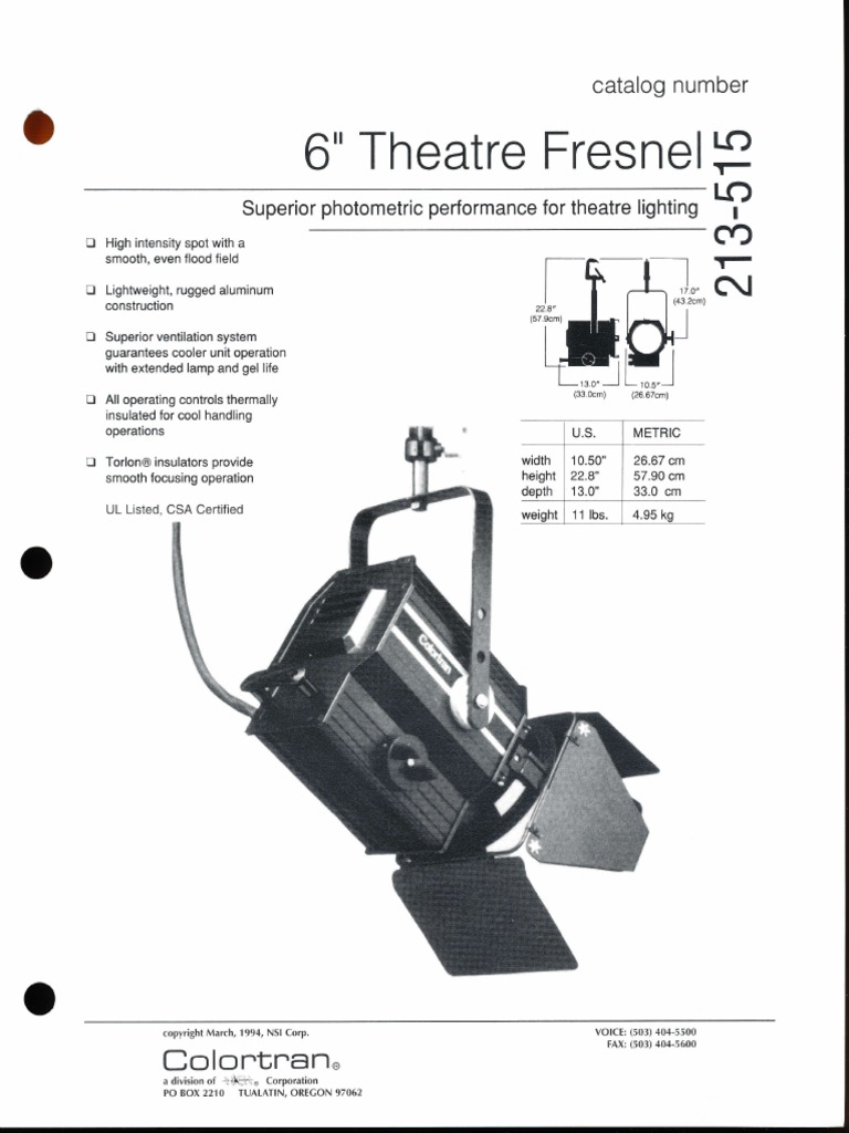 Colortran 6-Inch Theatre Fresnel Spec Sheet 1994 | PDF | Electrical ...