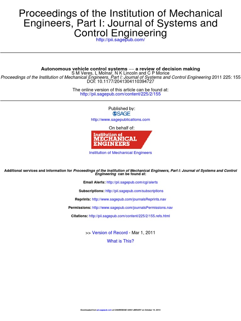 Aunonmous Vehicle Control Systems - A Review of Decision Making PDF | PDF | Object Oriented ...