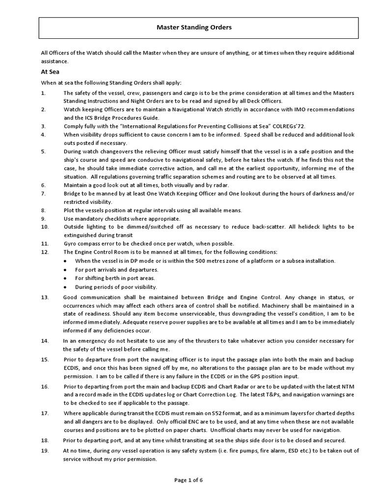 Master Standing Orders for Watch Officers | PDF | Underwater Diving ...