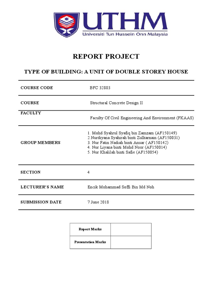 Report Project: Type of Building: A Unit of Double Storey House | PDF