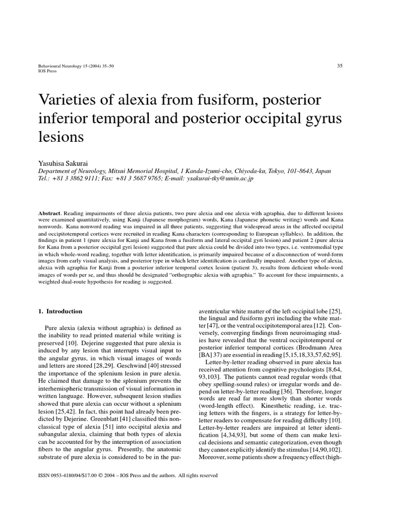 Varieties of Alexia From Fusiform, Posterior Inferior Temporal and ...