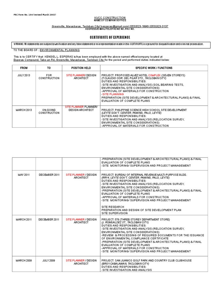 Sample PRC Form | PDF | Architect | Engineering