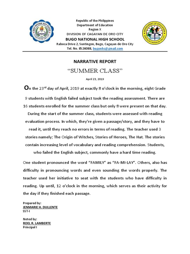 “Summer Class”: Narrative Report | Reading Comprehension | Teachers