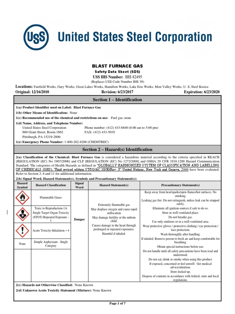 Blast Furnace Gas SDS | PDF | Dangerous Goods | Working Conditions