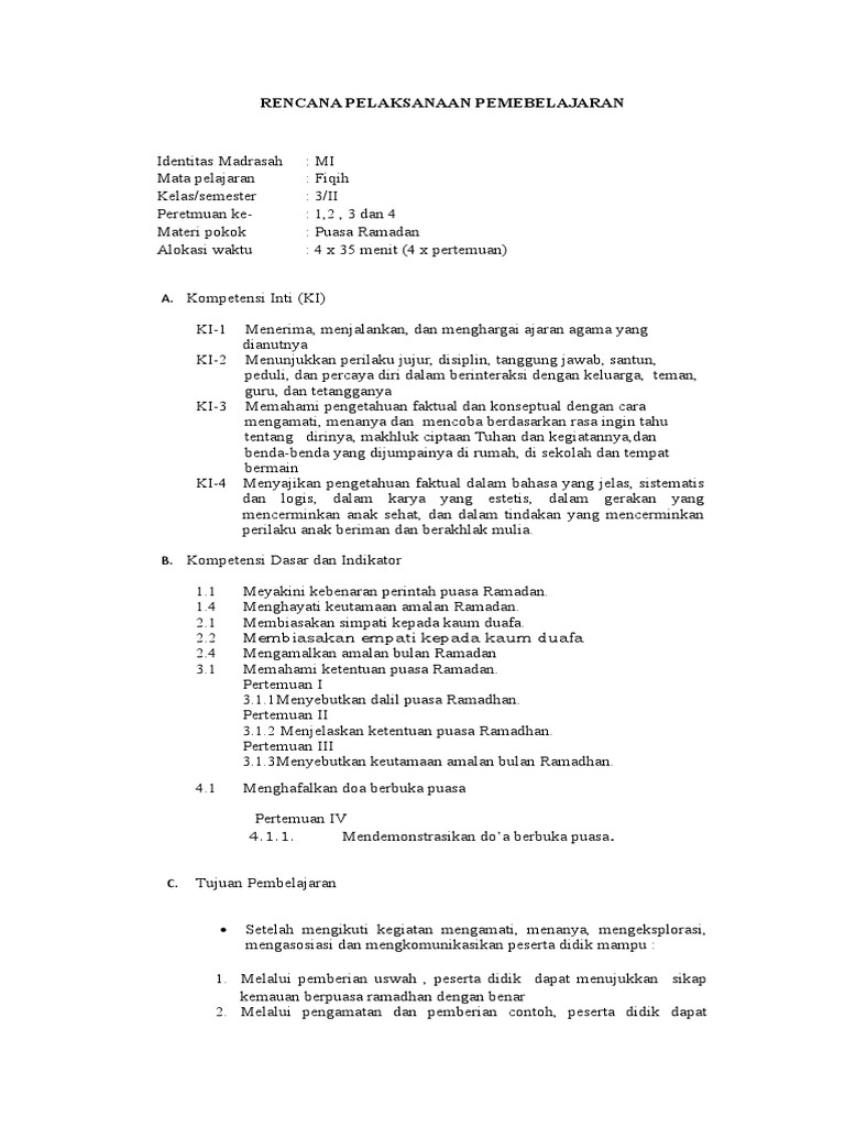 RPP K13 Fiqih Kelas 3 Semester 2 Puasa Ramadhan | PDF