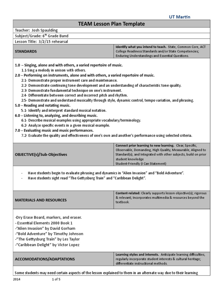 TEAM Lesson Plan Template: Standards | PDF | Attention | Differentiated ...