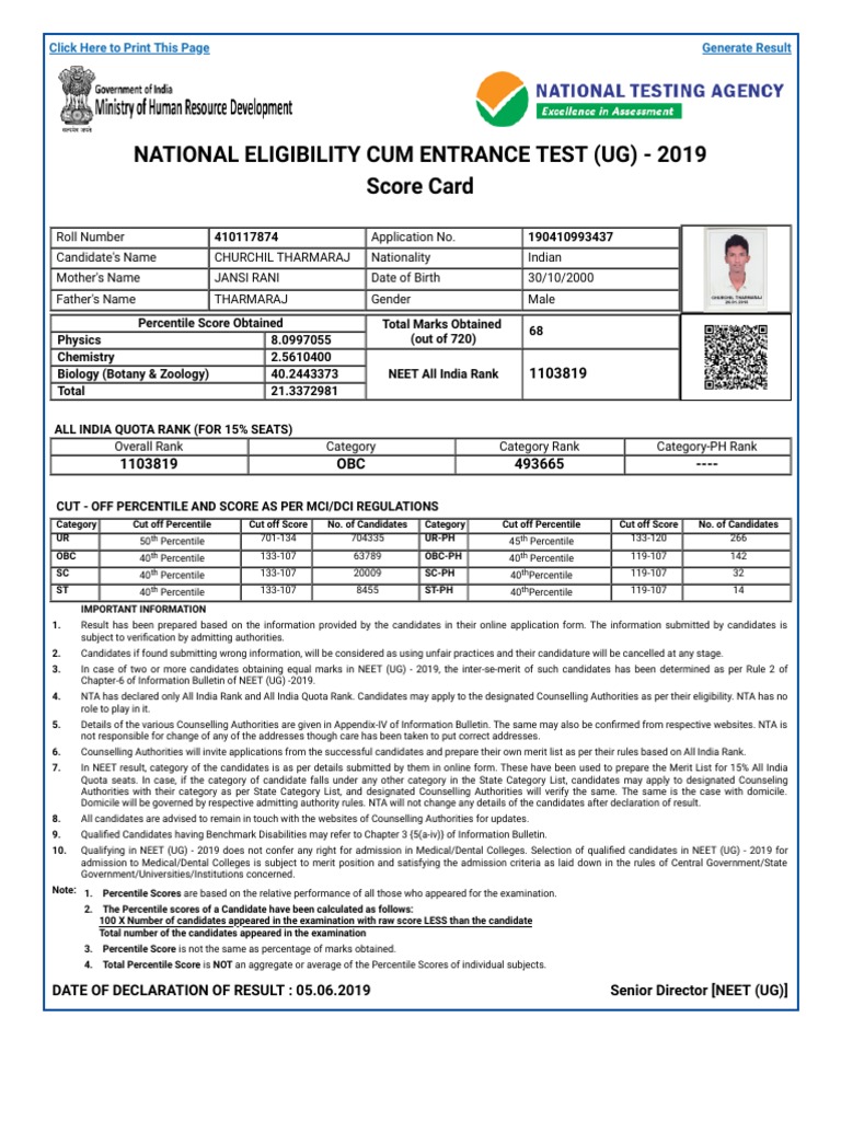 National Eligibility Cum Entrance Test (Ug) - 2019 Score Card | PDF