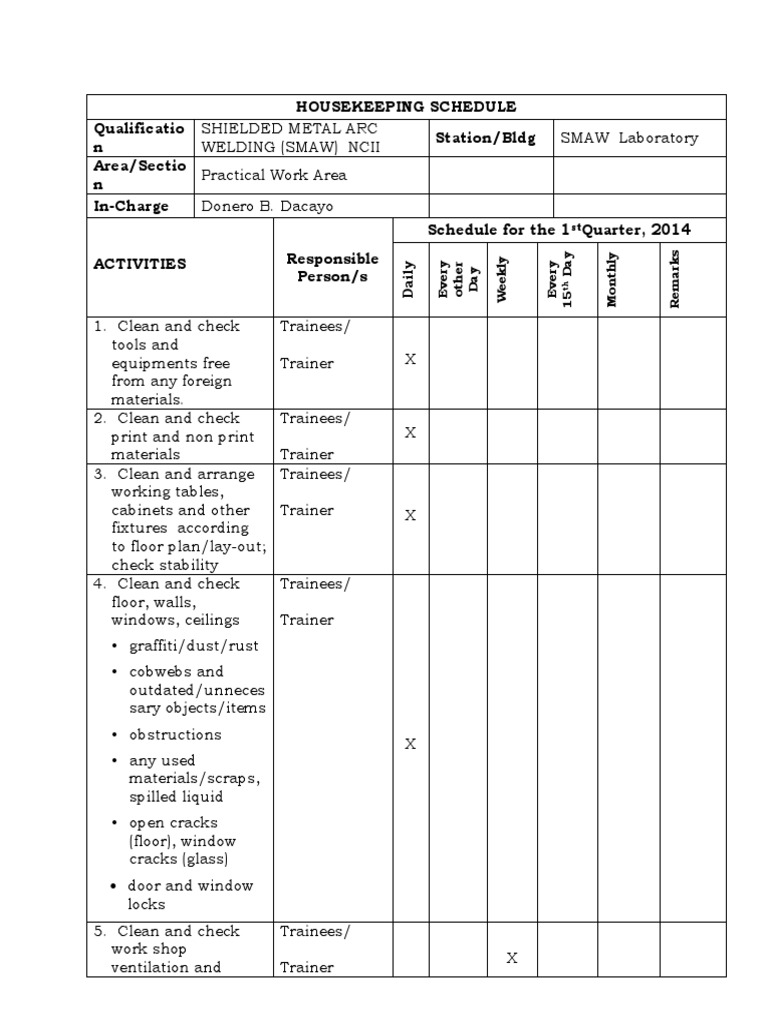 Housekeeping Schedule for SMAW Lab | PDF | Building Engineering | Nature