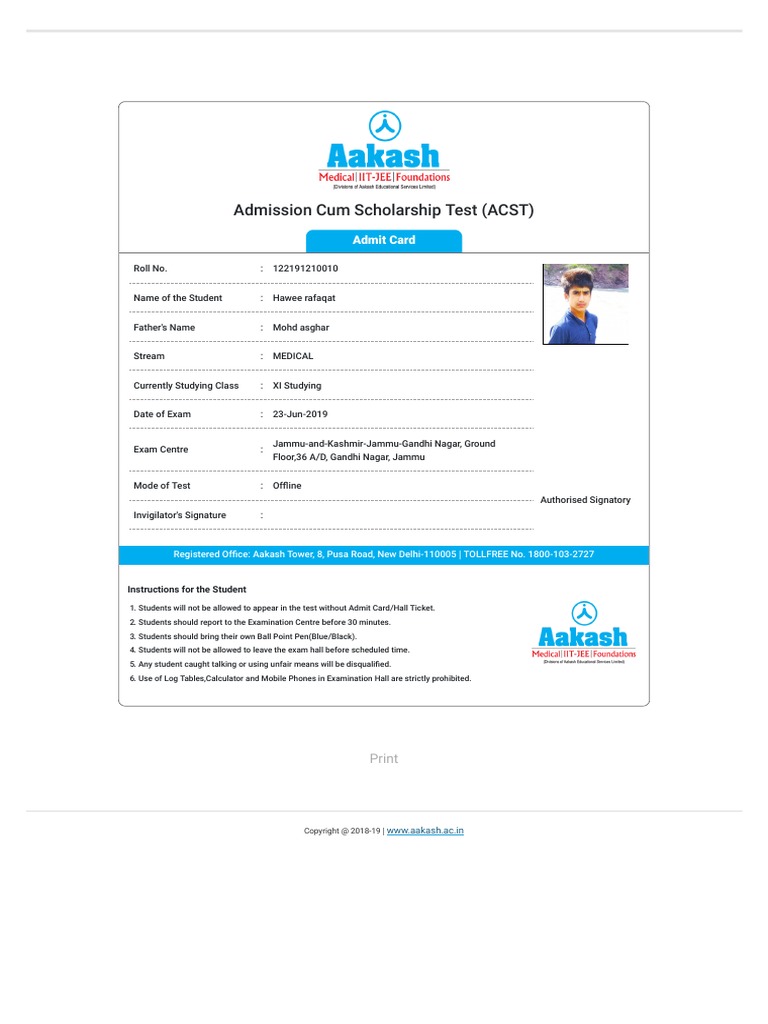 ACST 2019 - Aakash Scholarship Exam | PDF